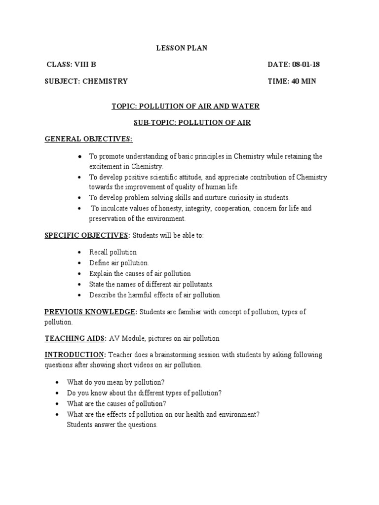 Air Pollution Lesson Plan for Class 8 | PDF | Air Pollution ...