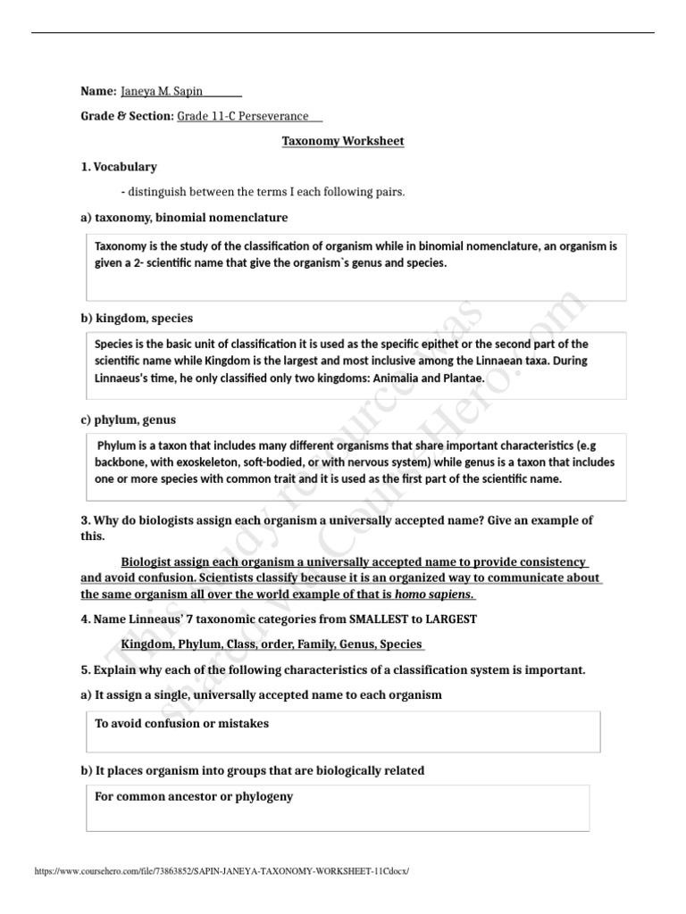 Taxonomy Worksheet for Grade 11 Students | PDF | Taxonomy (Biology) | Genus