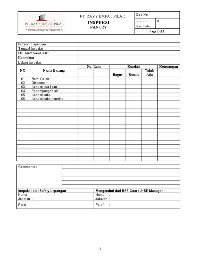 Form Inspeksi Pantry | PDF