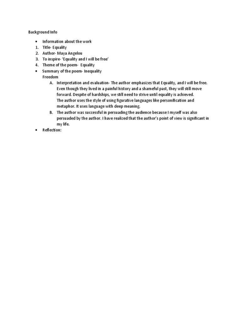 A Call for Equality: An Analysis of Maya Angelou's Poem 'Equality' | PDF