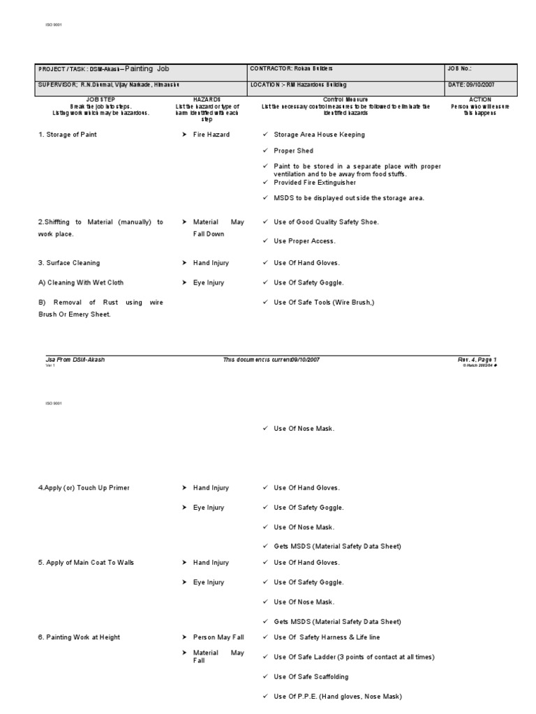 Painting Job: Job Step Hazards Control Measure Action | PDF | Risk ...