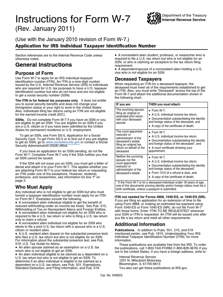 Instructions For Form W-7: (Rev. January 2011) | PDF