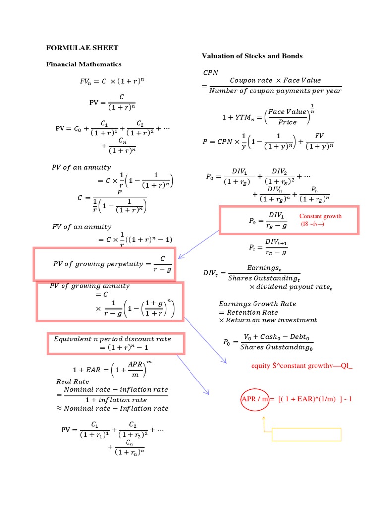 Formulae Sheet Financial Mathematics Valuation of Stocks and Bonds ...
