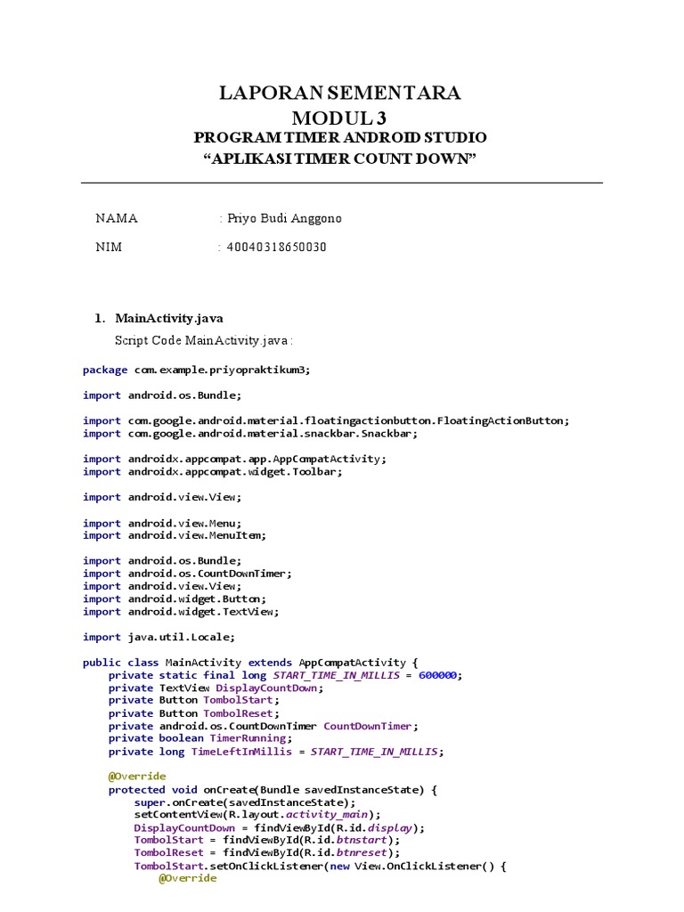Laporan Sementara Modul 3: Program Timer Android Studio "Aplikasi Timer Count Down" | PDF ...