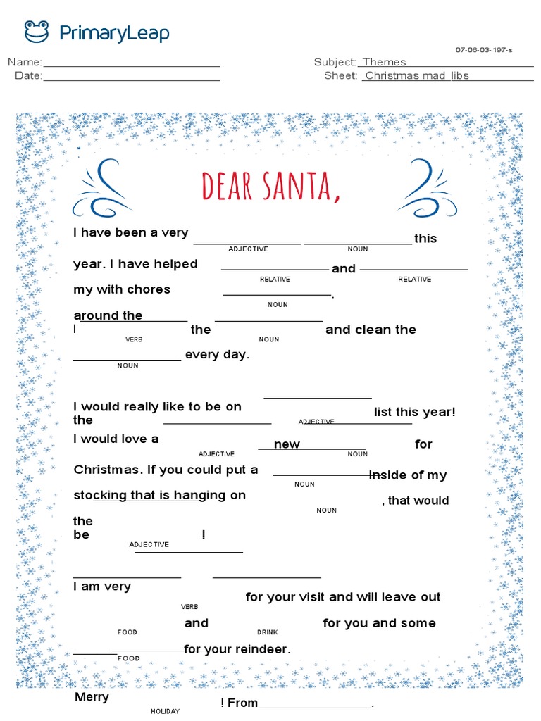 Name: Subject: Themes Date: Sheet: Christmas Mad Libs | PDF