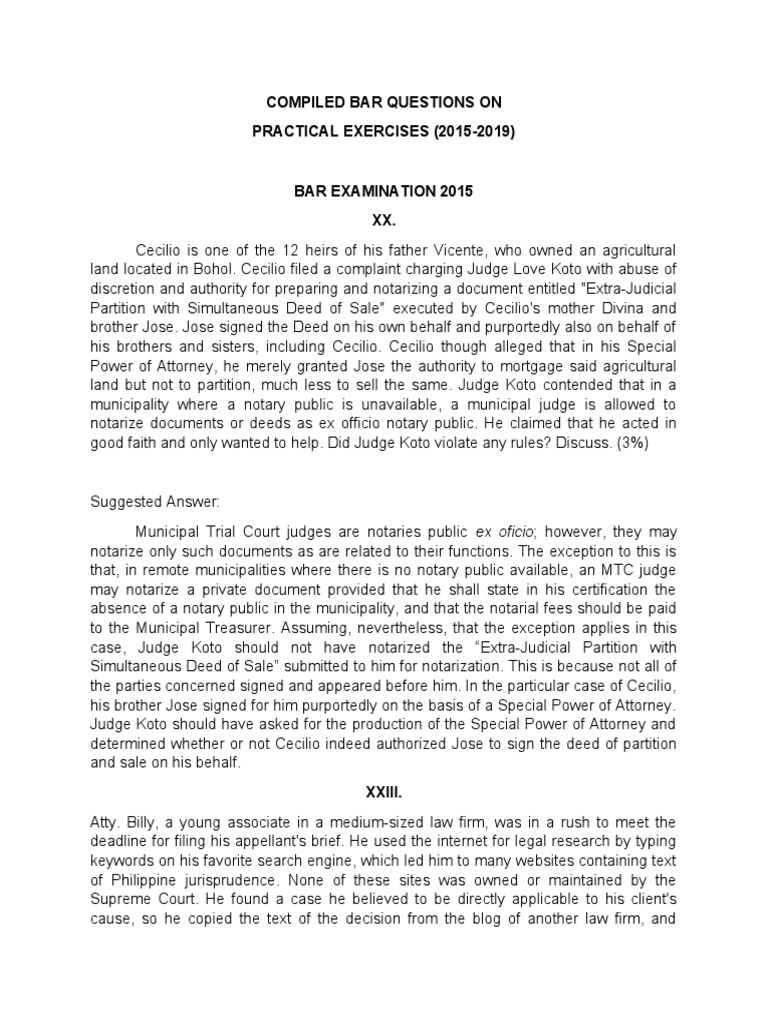 Compiled Bar Questions On Practical Exercises 2015 2019 | PDF | Notary ...