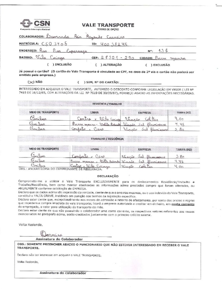 Formulario Vale Transporte | PDF