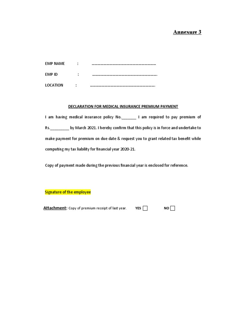 Annexure 3 - Mediclaim Premium Payment Declaration | PDF