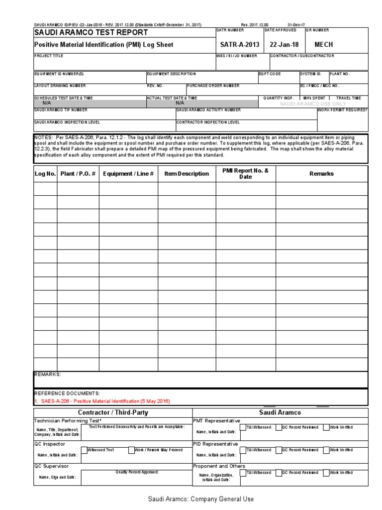Saudi Aramco Test Report: Positive Material Identification (PMI) Log ...