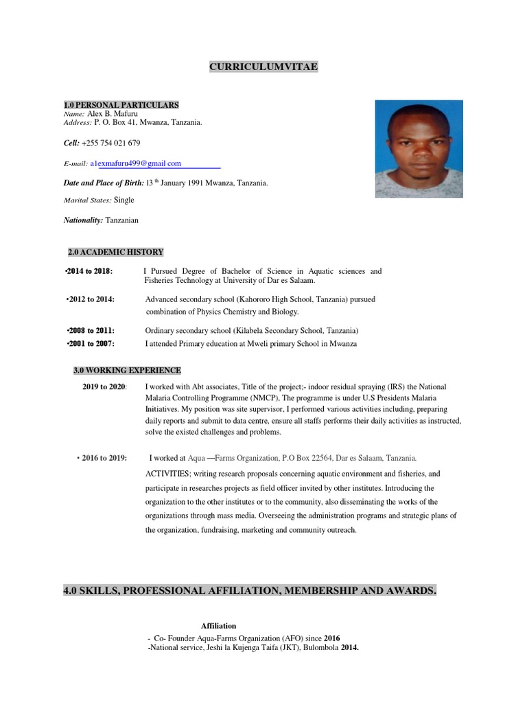 Curriculumvitae: Name: Alex B. Mafuru Address: P. O. Box 41, Mwanza ...