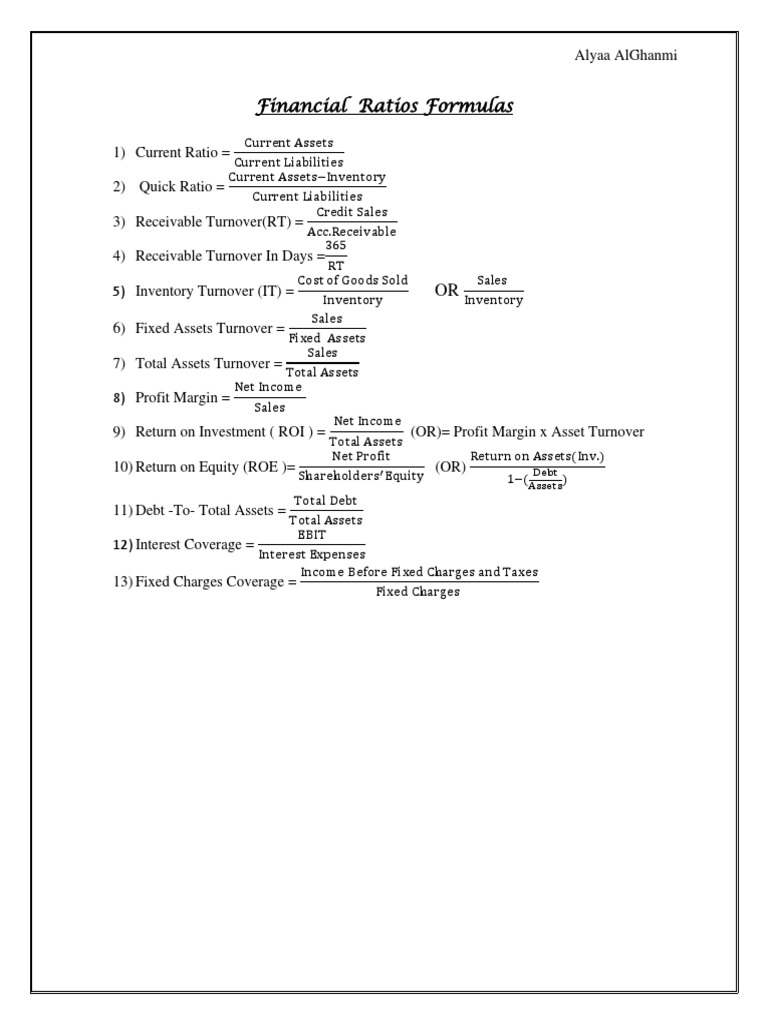 Financial Ratios Formulas | PDF