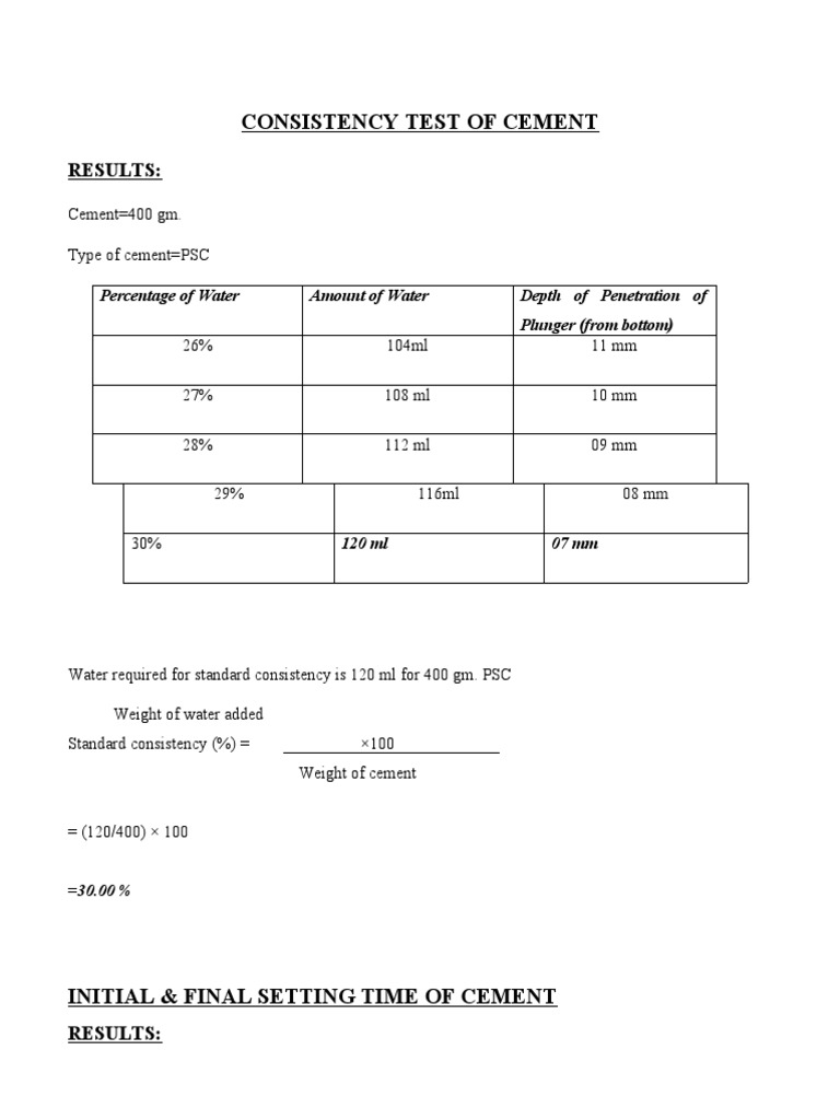 Consistency Test of Cement: Results | PDF | Cement | Materials