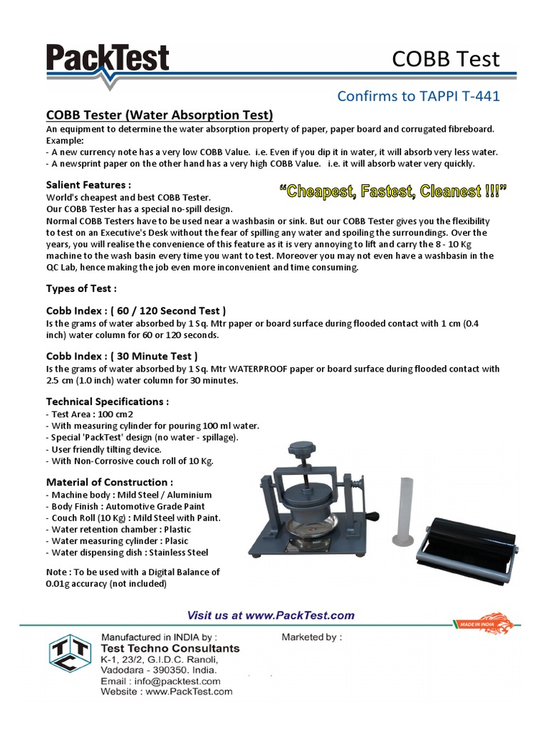 COBB Test: Confirms To TAPPI T-441 | PDF