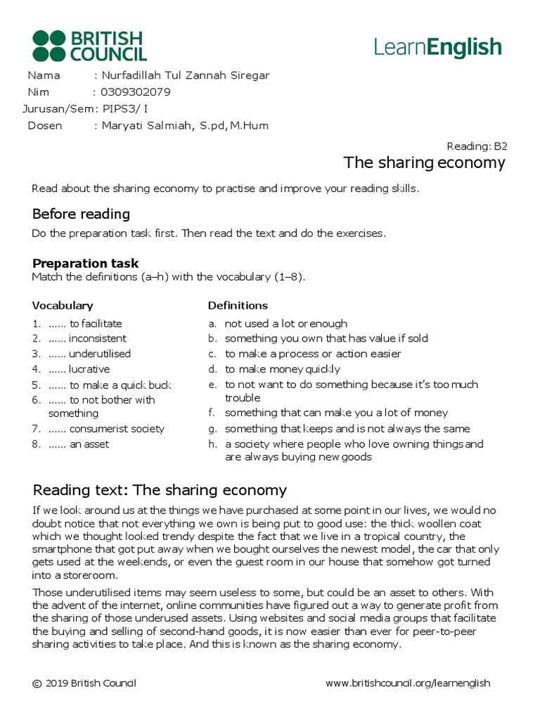 LearnEnglish Reading B2 The Sharing Economy | PDF | Sharing Economy ...
