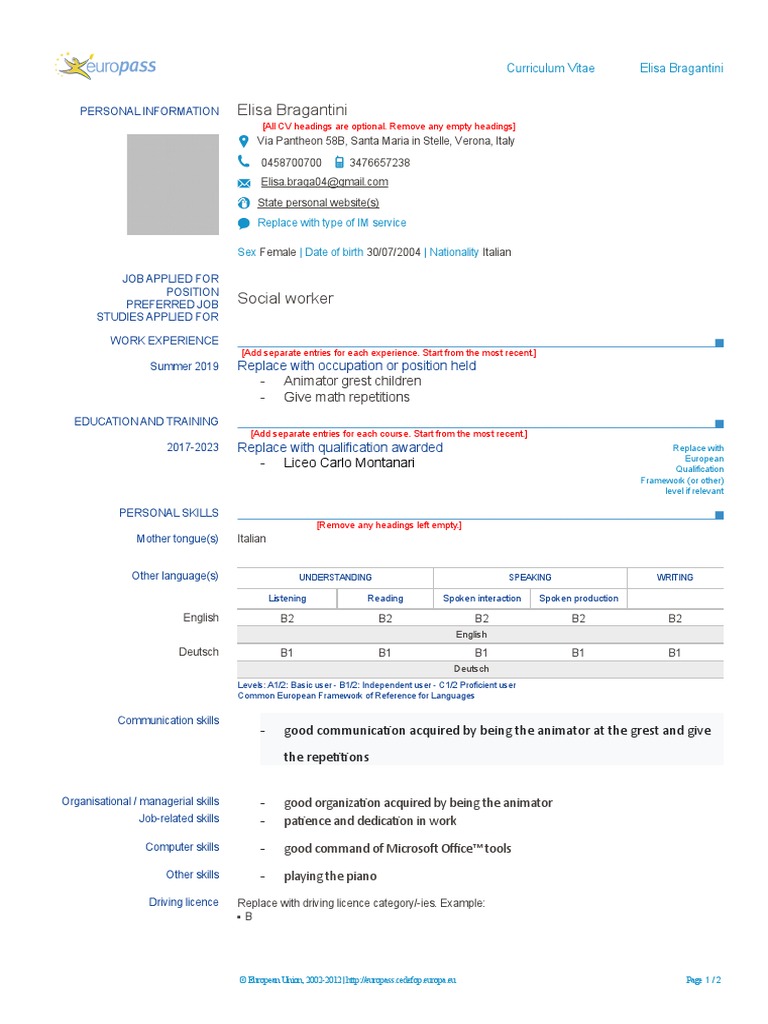 Europass CV Template | PDF | Human Communication | Communication