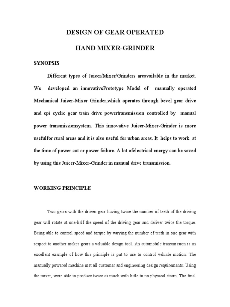 Design of Gear Operated Hand Mixer Grinder | PDF