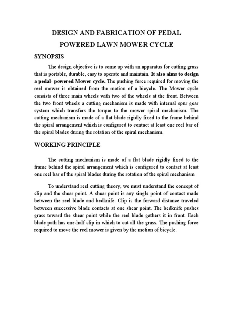 Design and Fabrication of Pedal Powered Lawn Mower Cycle | PDF