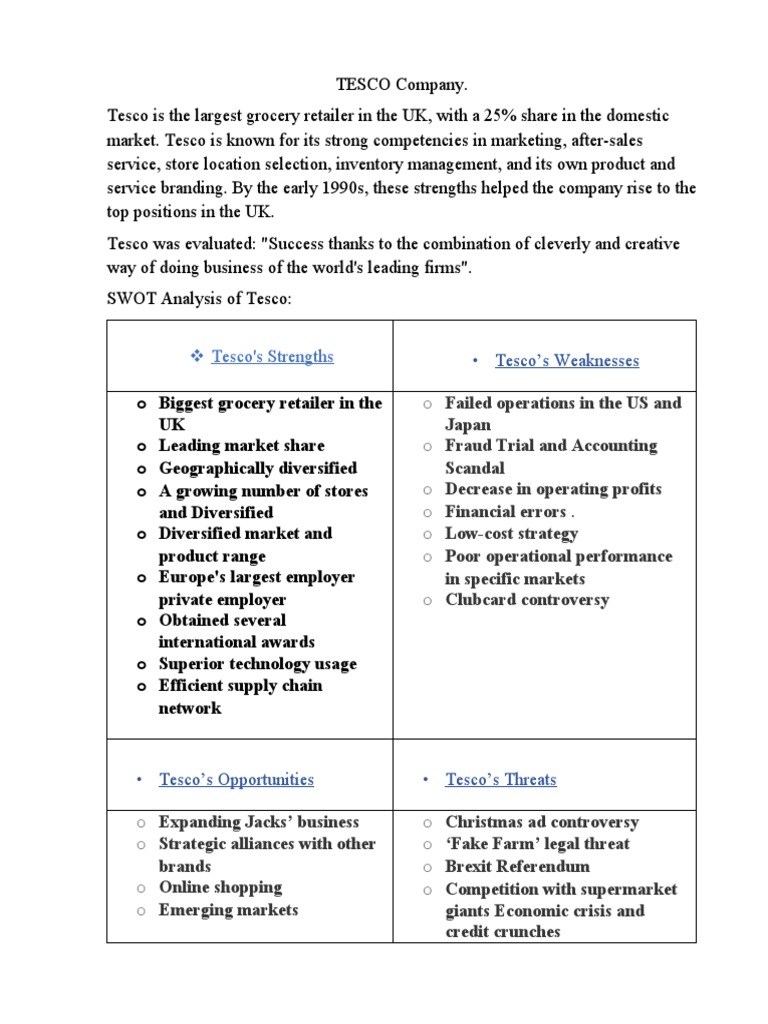 Tesco's strengths and weaknesses revealed in SWOT analysis | PDF
