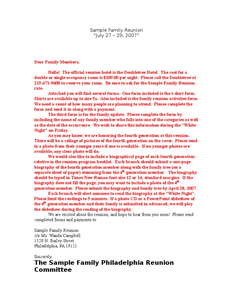 Examples Of Family Reunion Letters