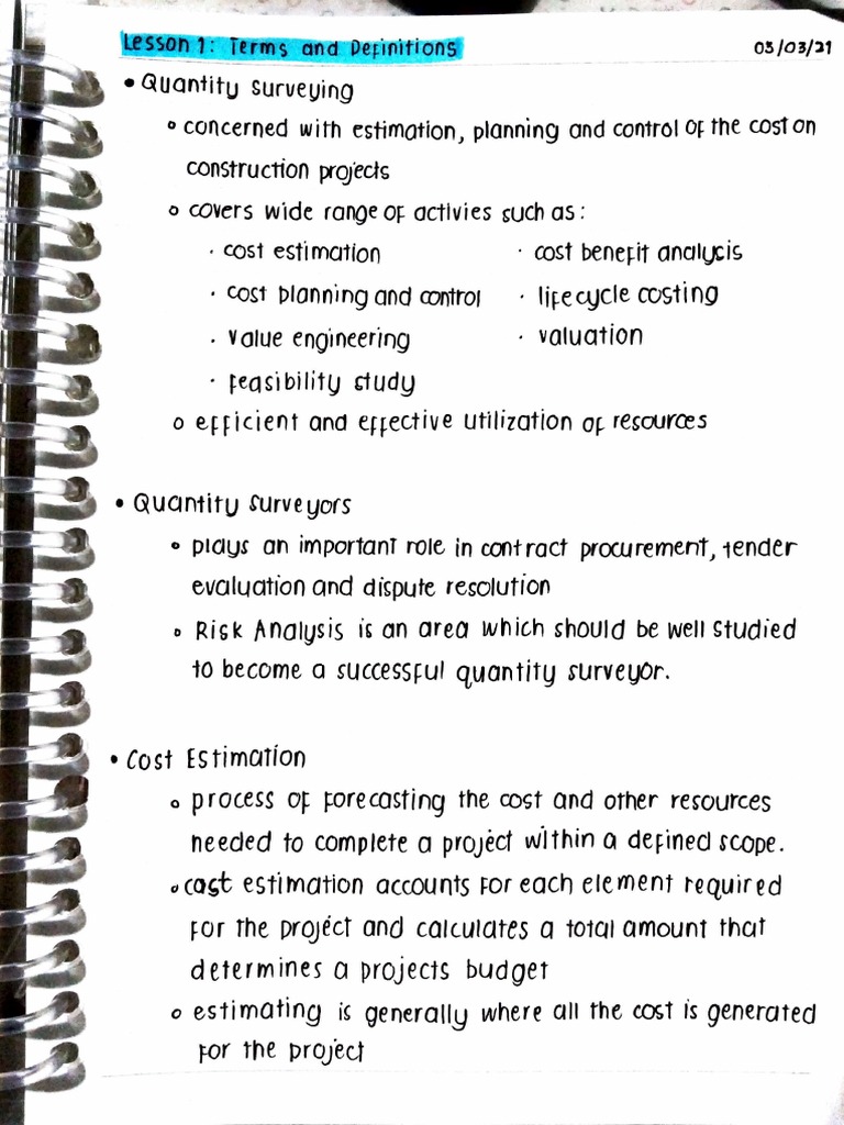 QS Note 1 | PDF | Cost | Feasibility Study