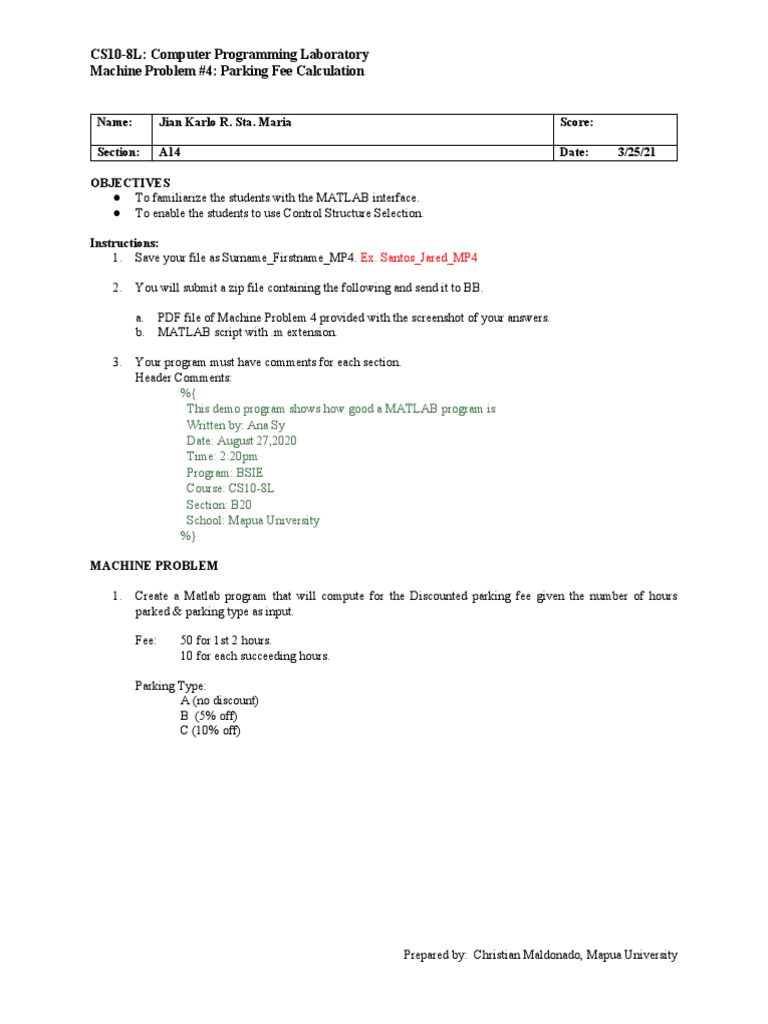 CS10-8L: Computer Programming Laboratory Machine Problem #4: Parking ...