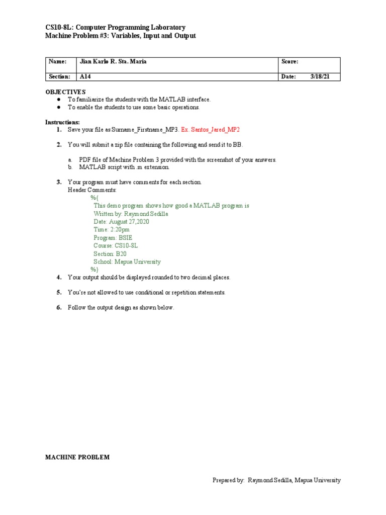CS10-8L: Computer Programming Laboratory Machine Problem #3: Variables, Input and Output | PDF ...