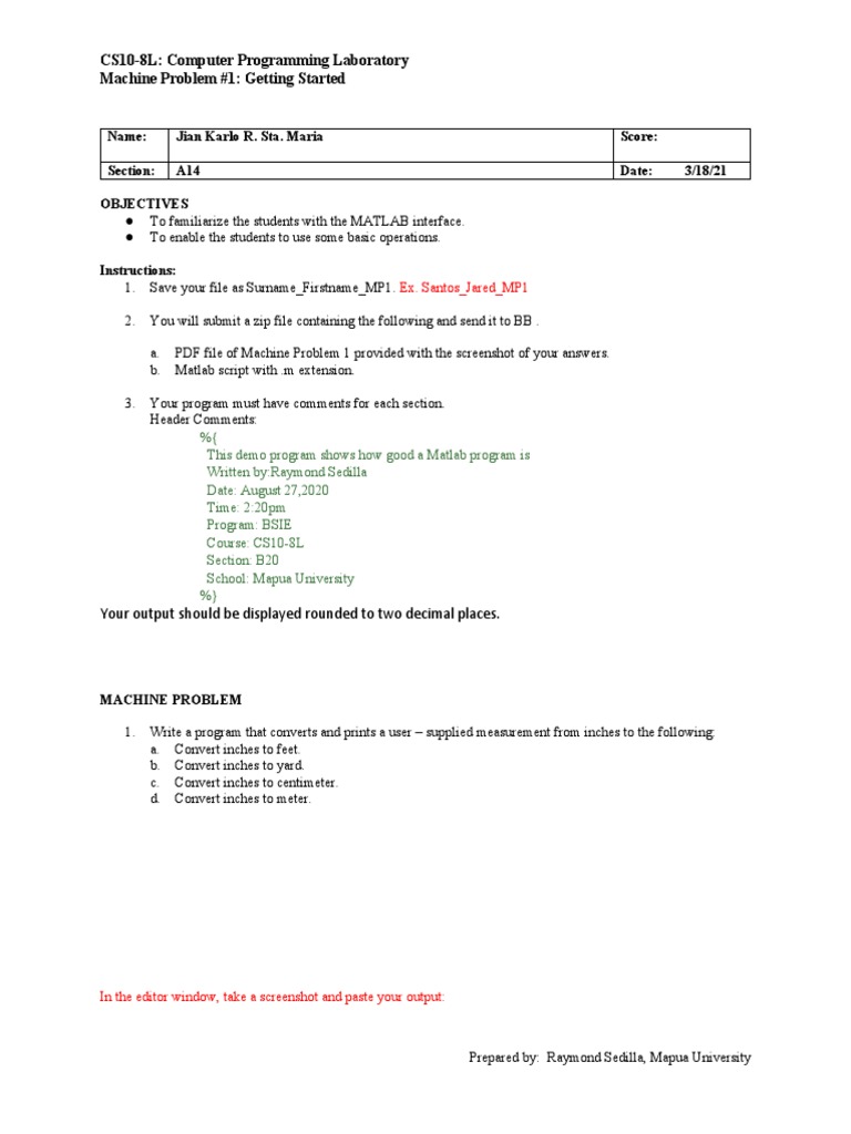 CS10-8L: Computer Programming Laboratory Machine Problem #1: Getting Started | PDF