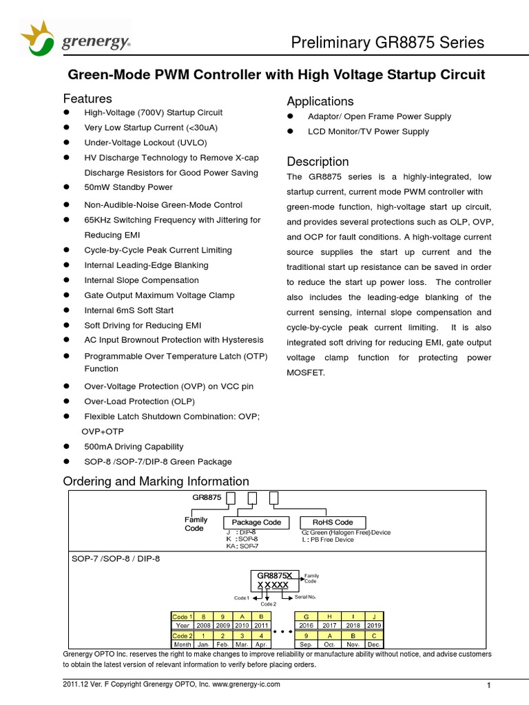 Green-Mode PWM Controller With High Voltage Startup Circuit: Preliminary GR8875 Series | PDF ...