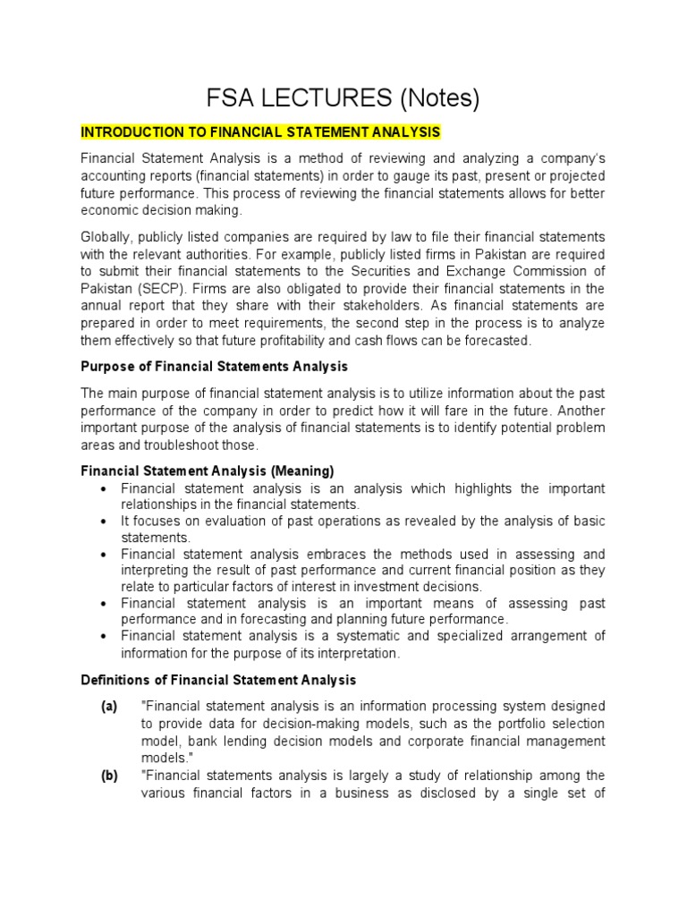 Fsa Lectures (Notes) : Introduction To Financial Statement Analysis ...