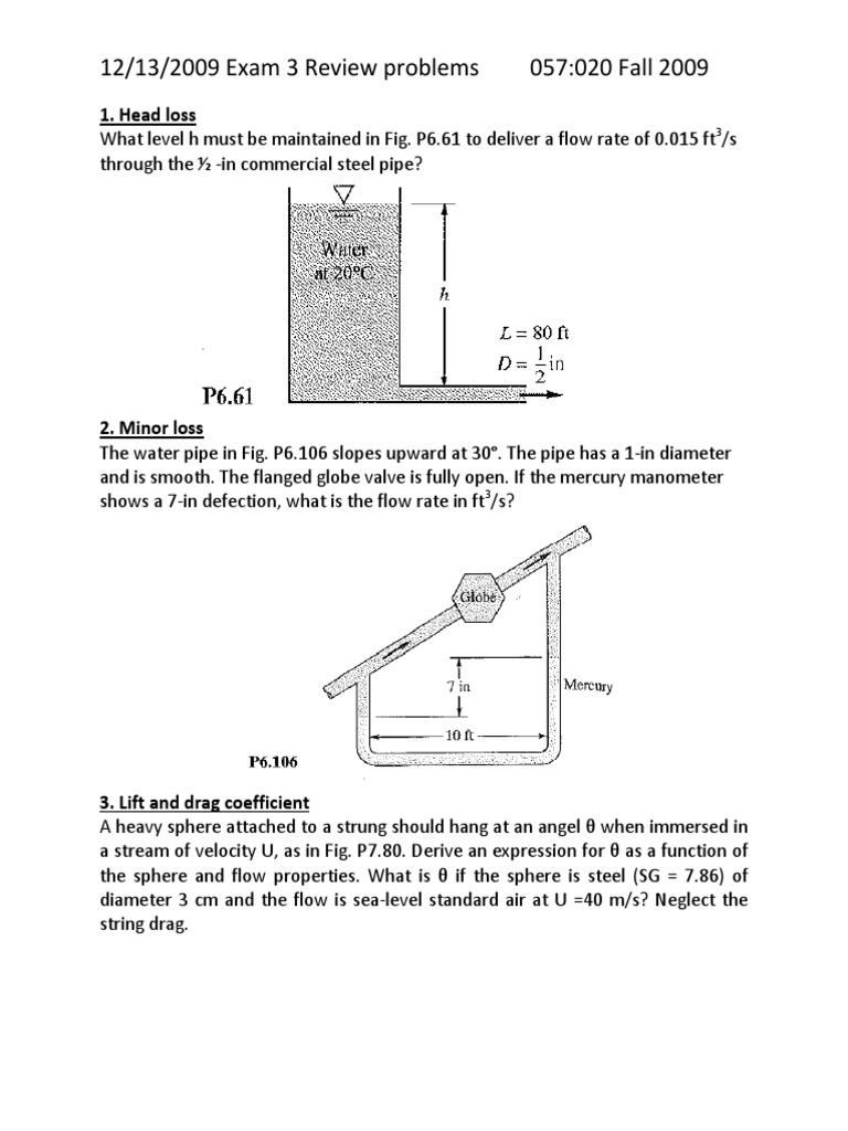 Exam3 Review Problems 2009 | PDF | Drag (Physics) | Fluid Dynamics