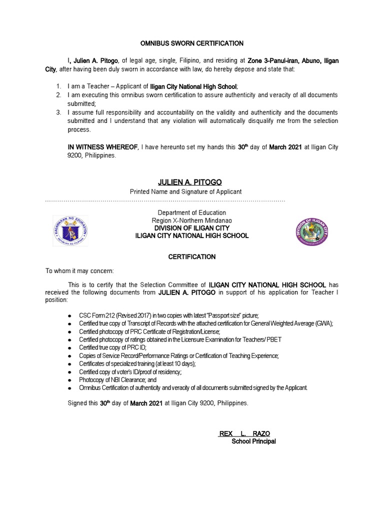 Omnibus Sworn Certificate | PDF | Government And Personhood | Government