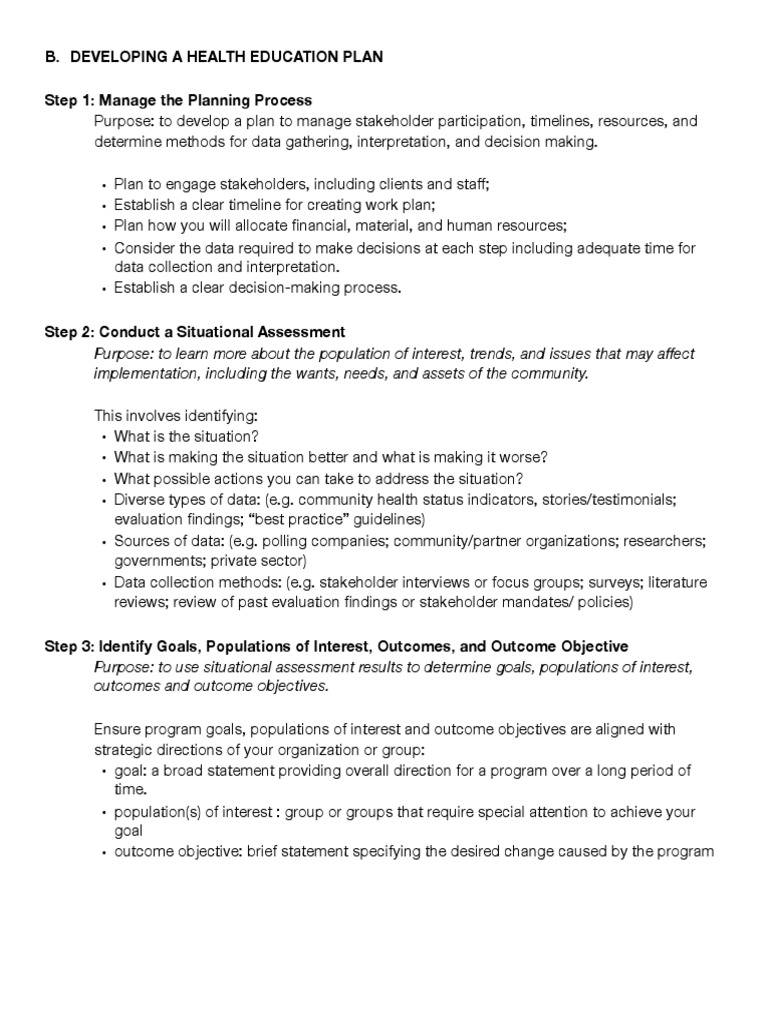 B. Developing A Health Education Plan Step 1: Manage The Planning ...