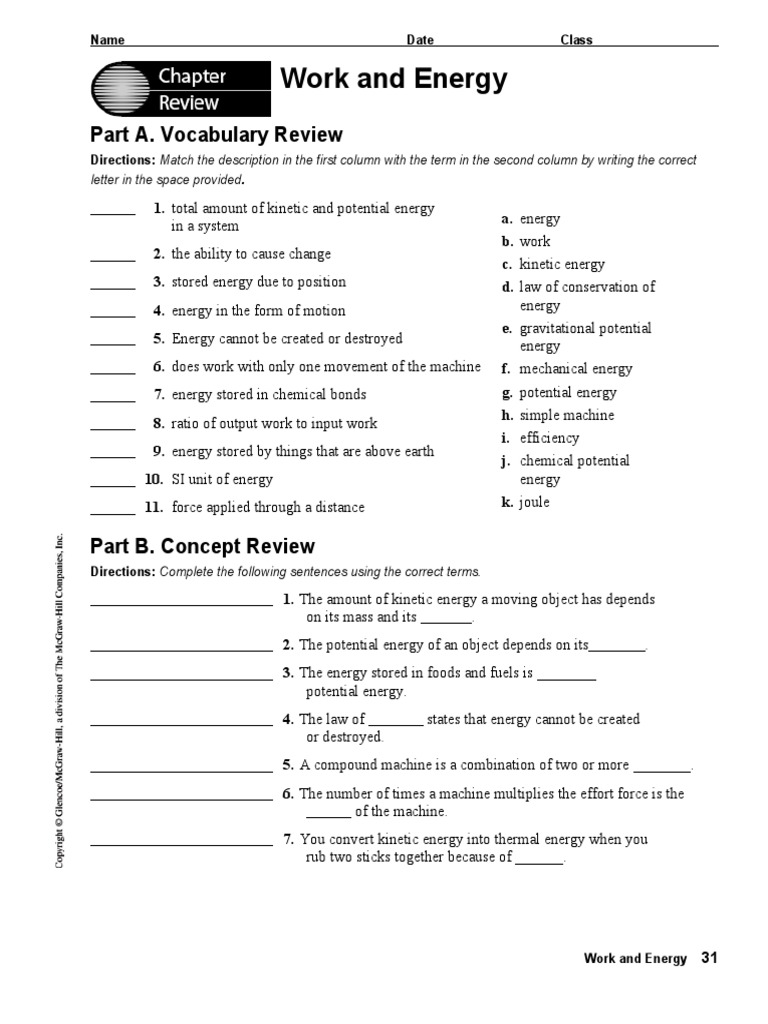 Work and Energy: Part A. Vocabulary Review | PDF | Potential Energy ...