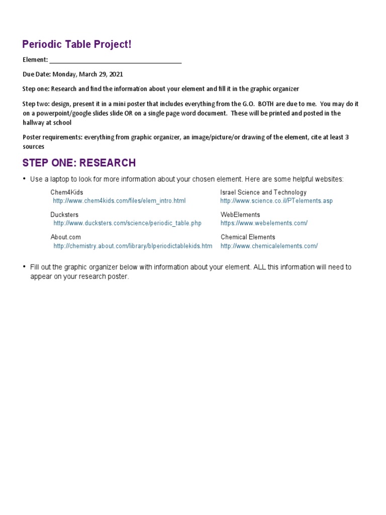 Periodic Table Project!: Chem4Kids Israel Science and Technology | PDF