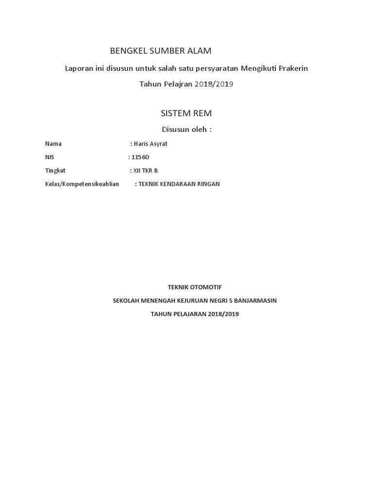 Laporan Prakerin Sistem Rem TKR 2018 | PDF