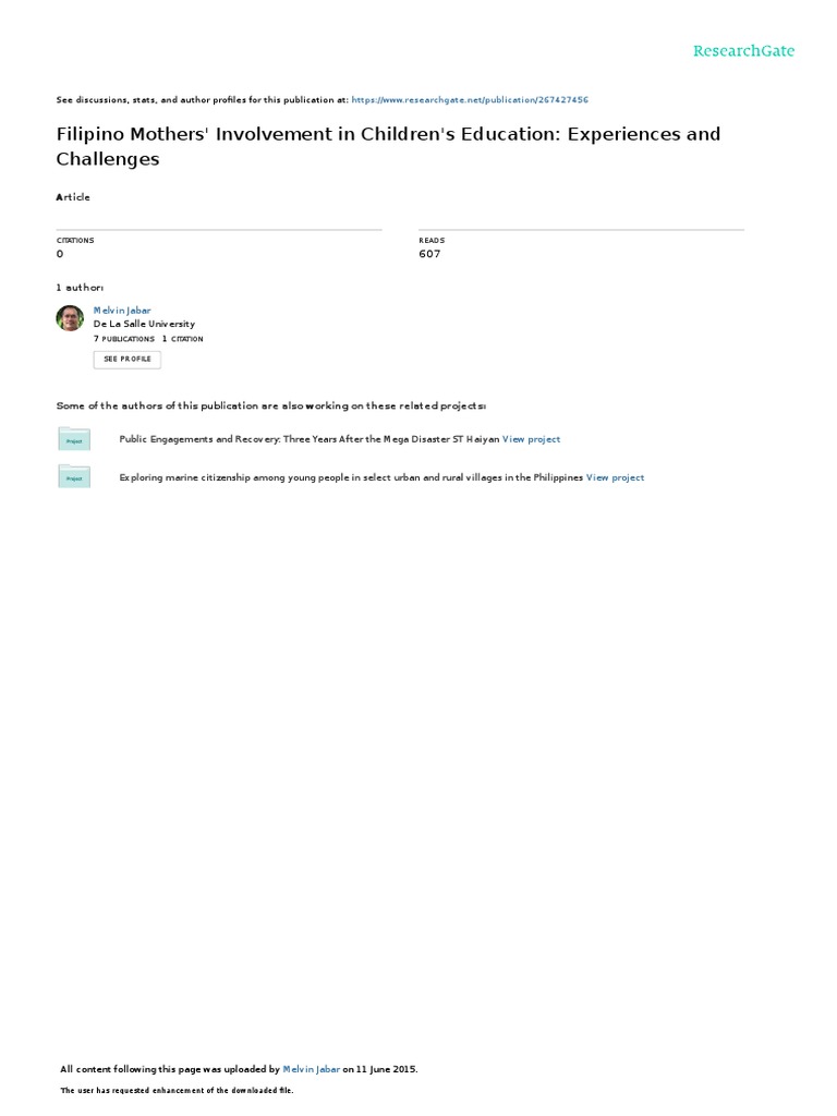 Filipino Mothers' Involvement in Children's Education: Experiences and ...