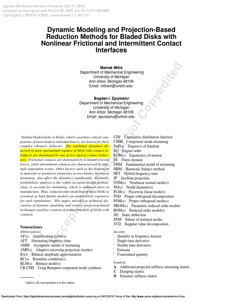 Dynamic Modeling and Projection-Based Reduction Methods For Bladed ...