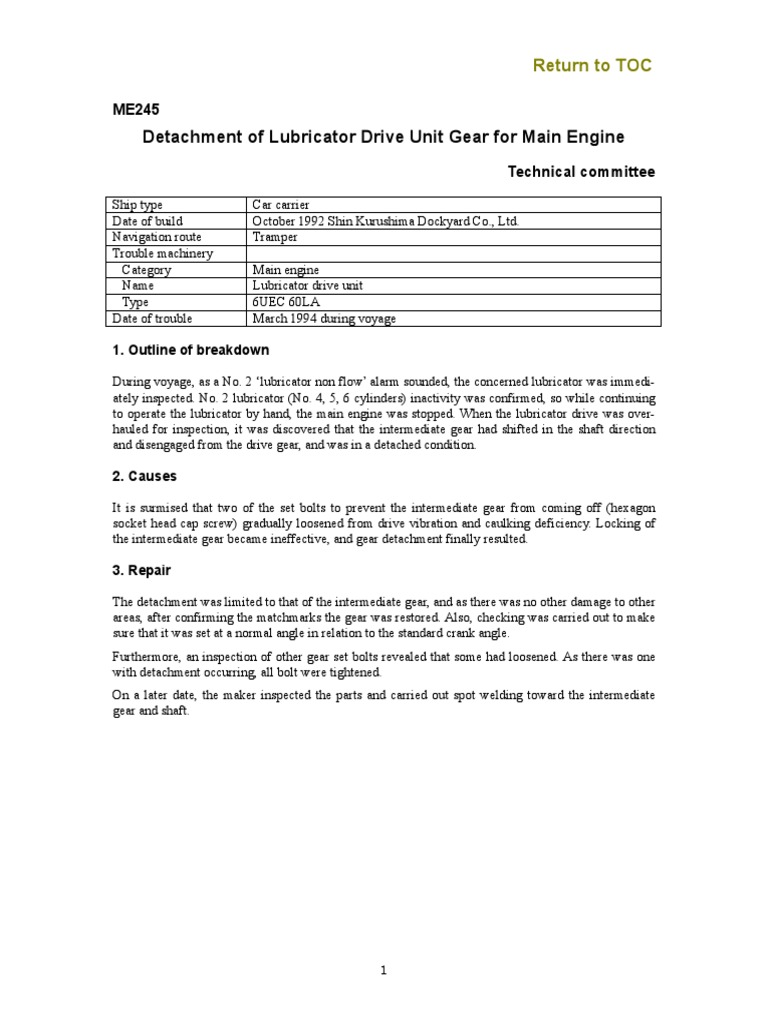 Detachment of Lubricator Drive Unit Gear For Main Engine: Return To TOC ...