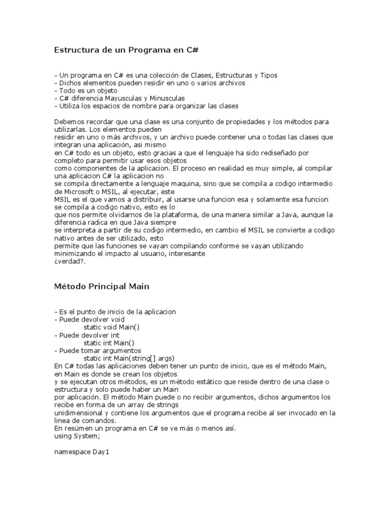 Estructura de Un Programa en C# | PDF | C Sharp (lenguaje de programación) | Lenguaje de ...