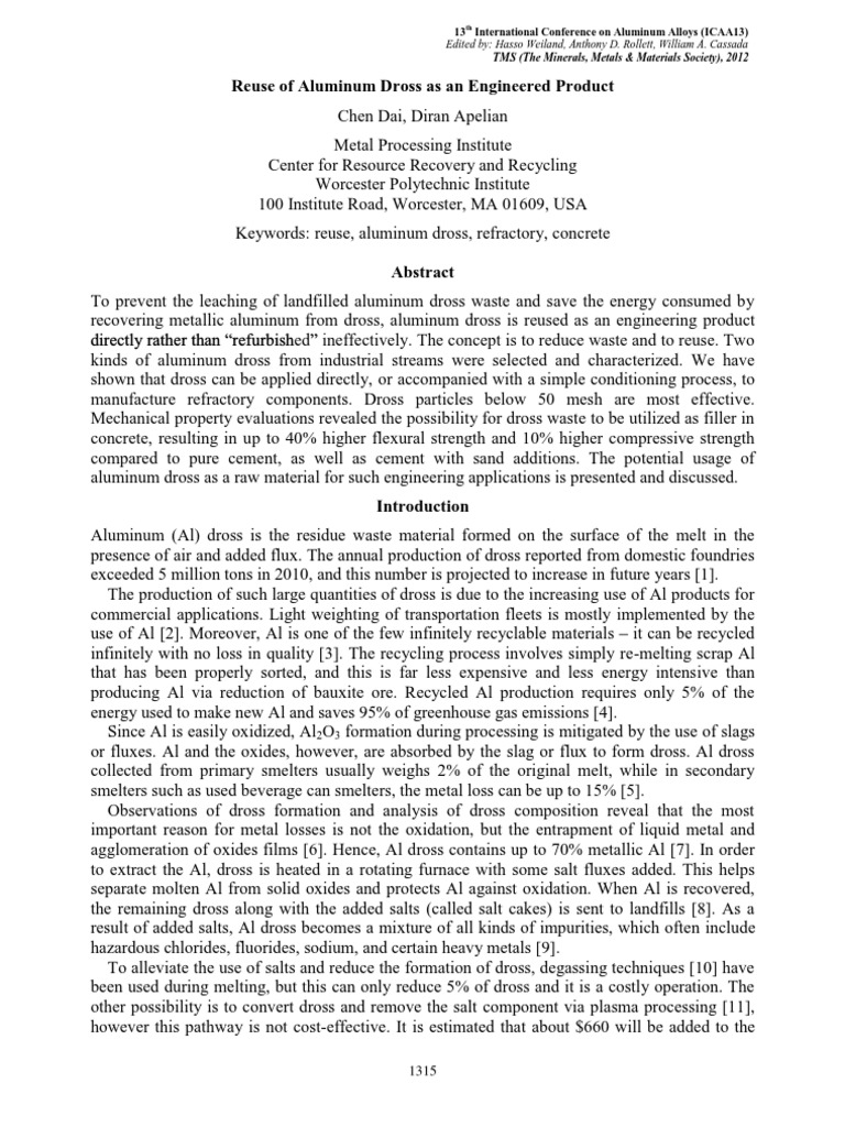 Reuse of Aluminum Dross As An Engineered Product: Edited By: Hasso ...