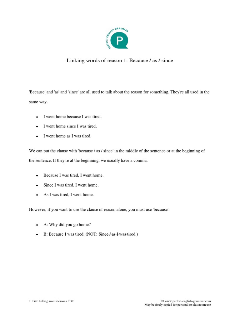 Linking Words of Reason, Result and Contrast | PDF | Sentence ...
