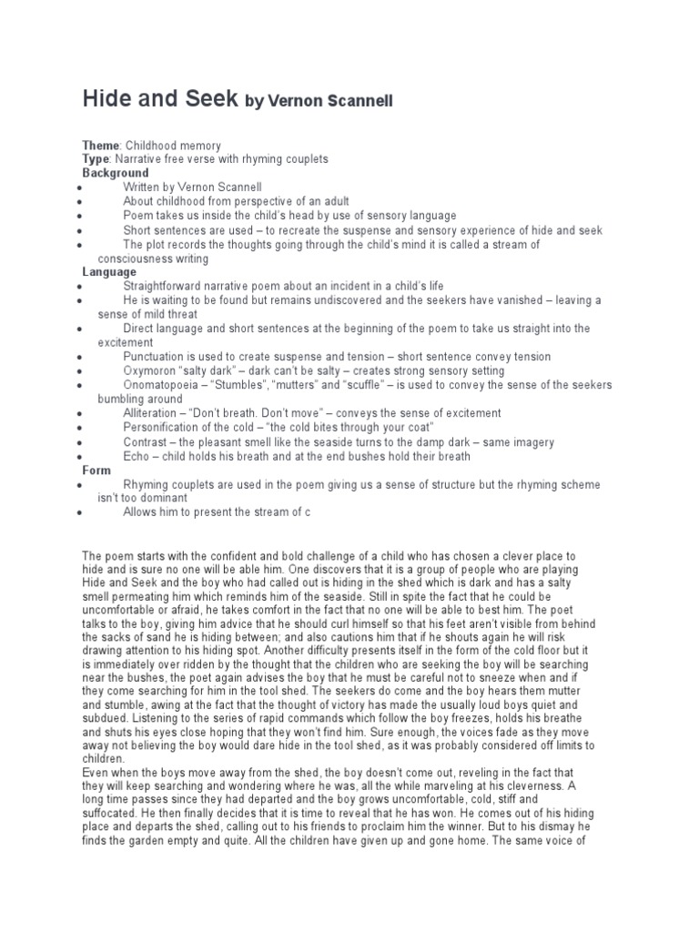 Hide and Seek: by Vernon Scannell | PDF | Rhyme | Poetry