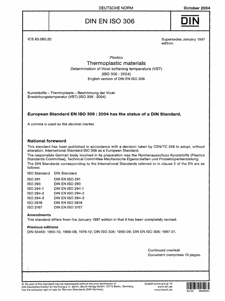 Din en Iso 306: Thermoplastic Materials | PDF | Thermometer | Thermal ...