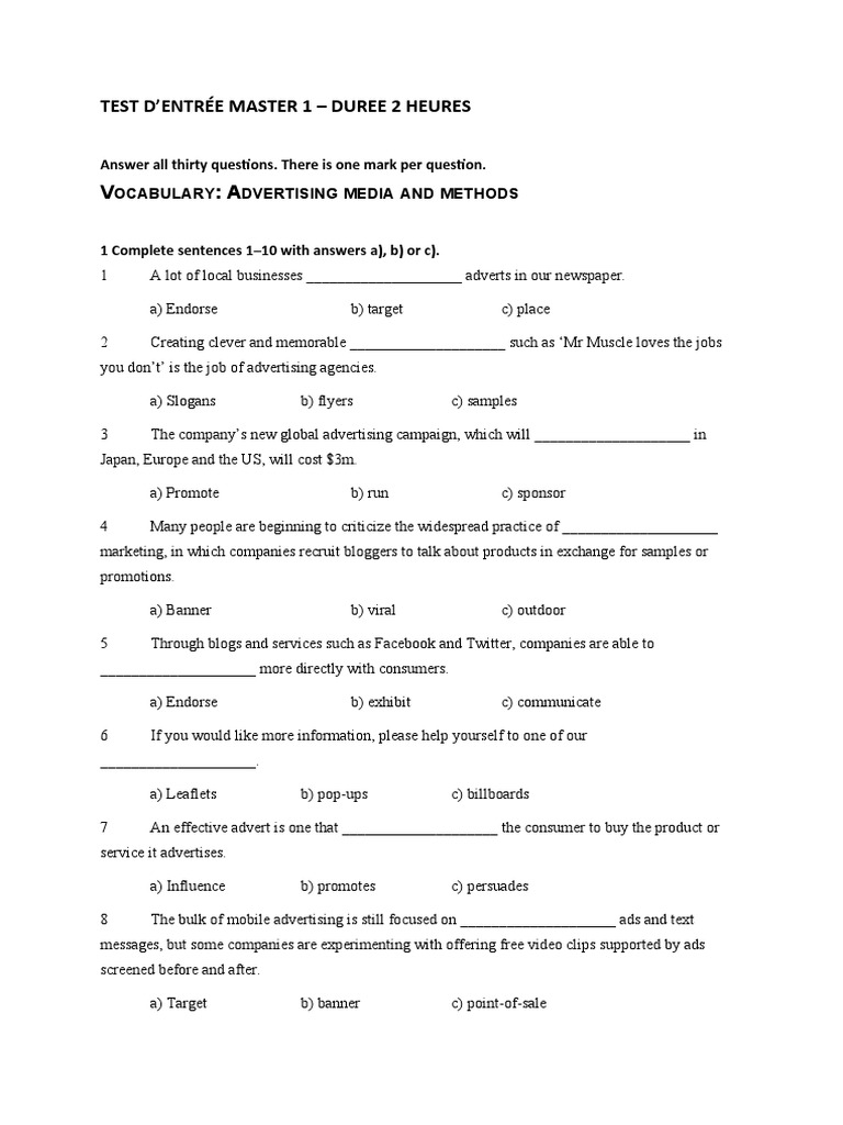 Advertising Vocabulary Test for Year 5 | PDF | Advertising ...