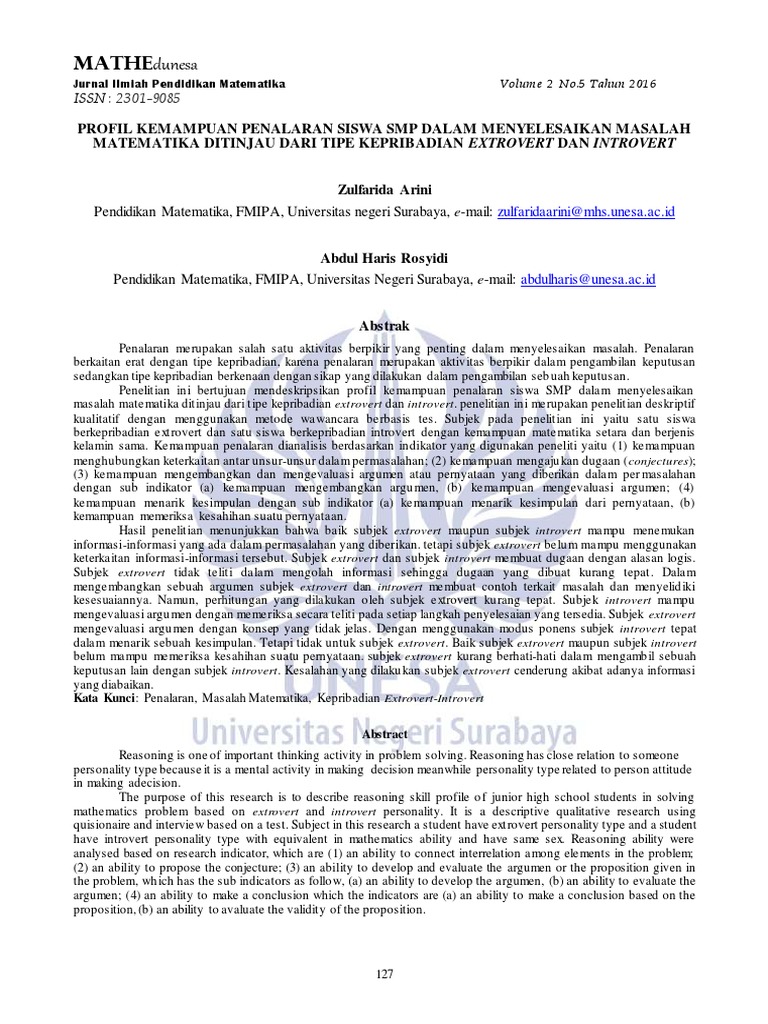 Profil Kemampuan Penalaran Matematis Siswa Ditinjau Dari Tipe Kepribadian Extrovert Dan ...