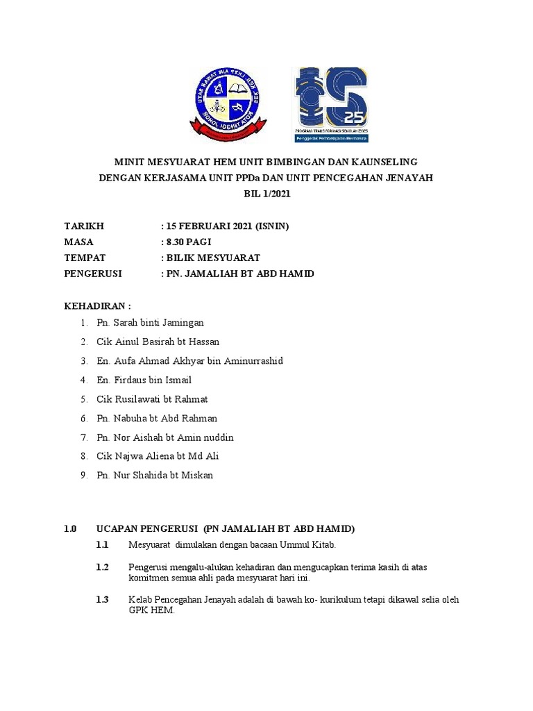 Minit Mesyuarat Hem Unit Bimbingan Dan Kaunseling | PDF
