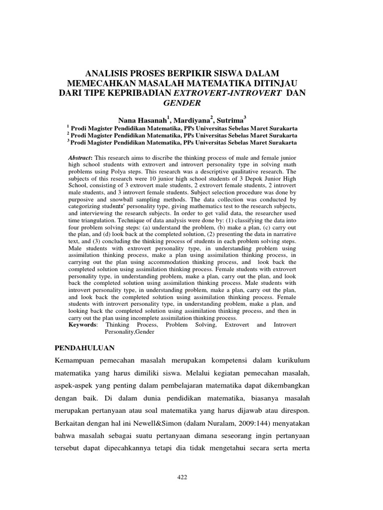 Analisis Proses Berpikir Siswa Dalam Memecahkan Masalah Matematika Ditinjau Dari Tipe ...