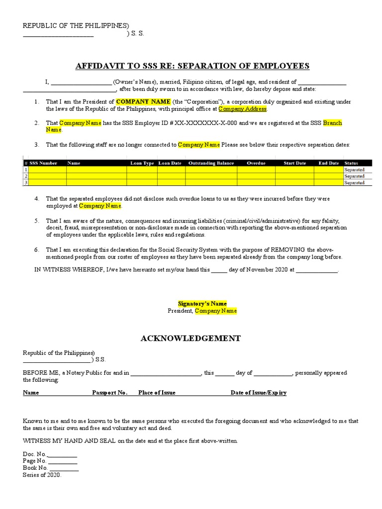 SSS Affidavit for Employee Separation | PDF | Justice | Crime & Violence