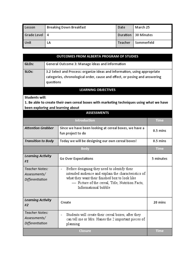 Cereal Box Design Project for Grade 4 | PDF | Teaching | Human Nature