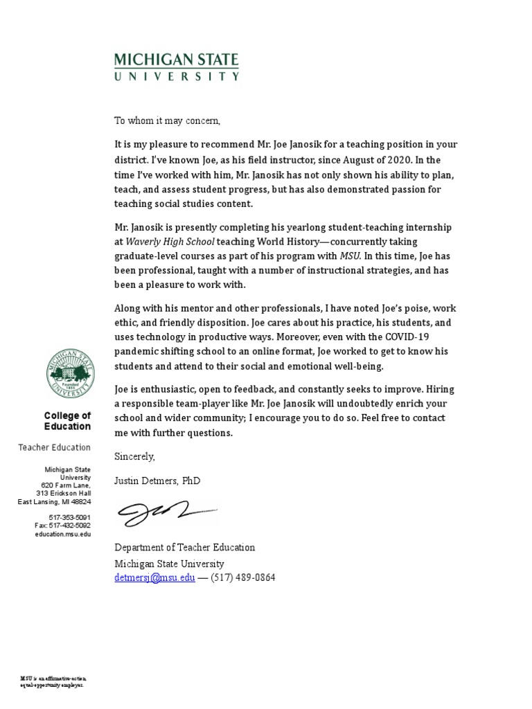 Justin Detmers Recommendation Letter | PDF